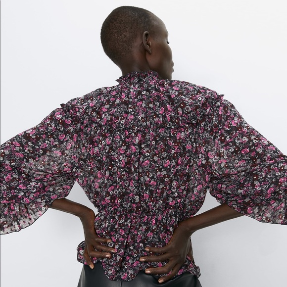 Zara | Tops | Zara Ruffled Print High Collar Blouse Blackpink | Poshmark